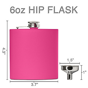 6 oz Stainless Steel Hip Flask with Funnel for Men & Women, Powder Coated Flask Gift Sets for Groomsmen, Bridesmaids, Wedding Party Whiskey Flask for Liquor, by Clear Water Home Goods, Matte Pink