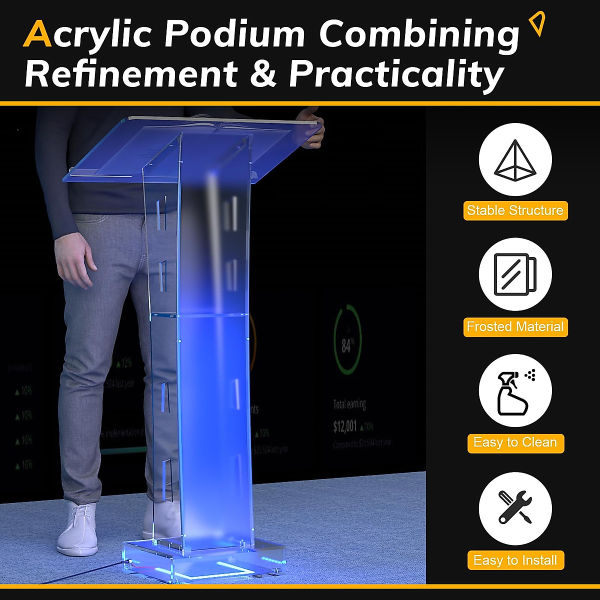 Clear Podium with Light, Acrylic Podium Stand Lecterns & Podiums Pulpits for Churches, Presentation Clear Podium Lectern Church Acrylic Podium Stand for Churches, Weddings, School, Office (US Stock)