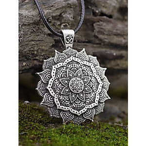 HAQUIL Mandala Flower of Life Necklace, Buddhist Lotus Flower Om Mandala Pendant, Faux Leather Cord, Mandala Gift