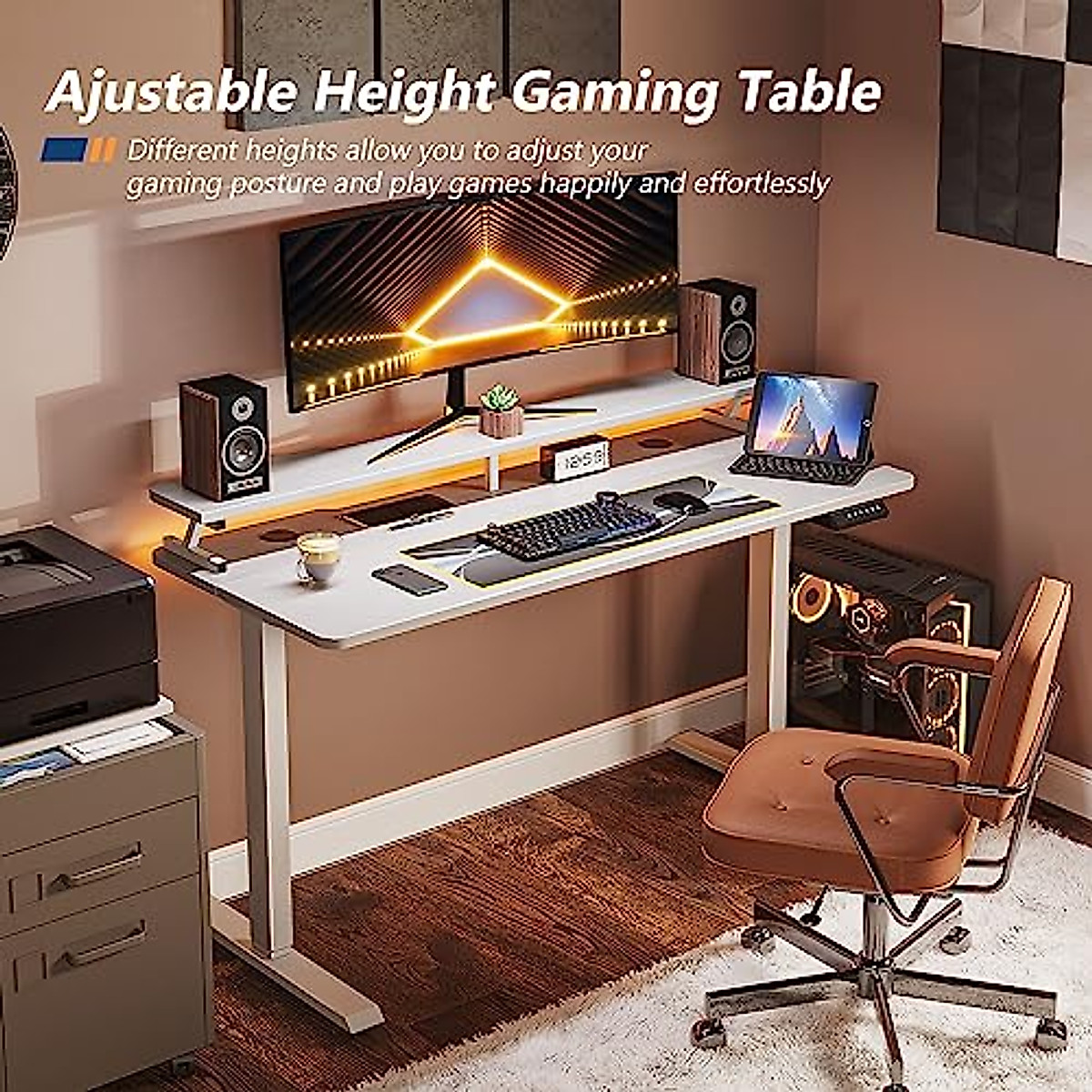 KKL Height Adjustable Electric Standing Desk with Monitor Shelf, 48 Inch Stand Up Table, Sit Stand Desk with 4 Memory Preset,Home Office Computer Workstation,Motorized Rising Desk,White