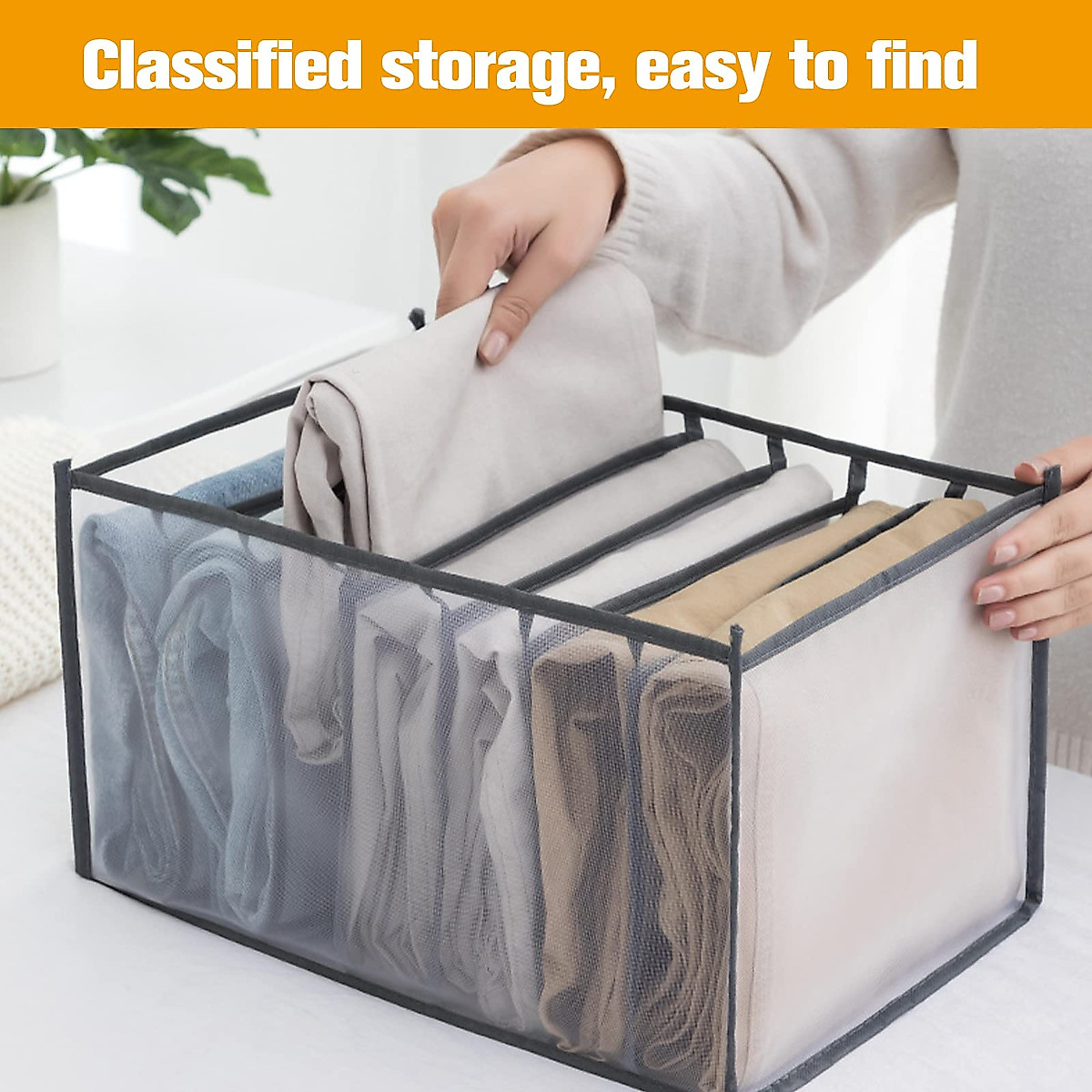 PANDOLA 2 Pack 7 Grids Wardrobe Clothes Organizer, Washable Foldable Clothes Organizer for Folded Clothes, Compartment Storage Box Drawer Organizer for T-shirt Legging Skirts Kid Clothes (Gray)