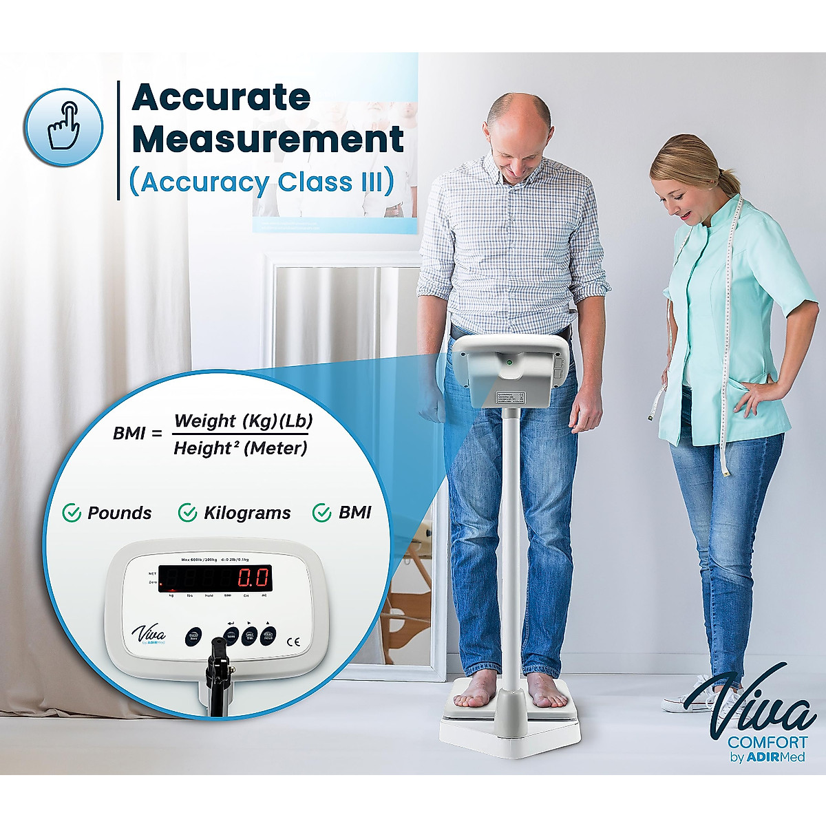 AdirMed Digital Physician Scale with Mechanical Height Rod - Eye-Level Measuring Station for Body Weight, Height & BMI - Ideal for Gyms, Medical Facilities & Rehabilitation Centers