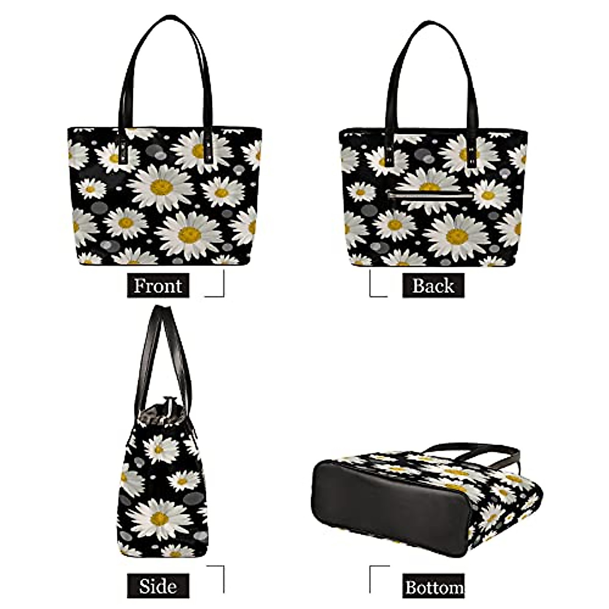 Leather Tote Shoulder Bags for Womens Flower Floral Daisy Handbags Large Capacity with Zipper for Work Travel School Dating Lightweight Water Resistant Hobo Bag