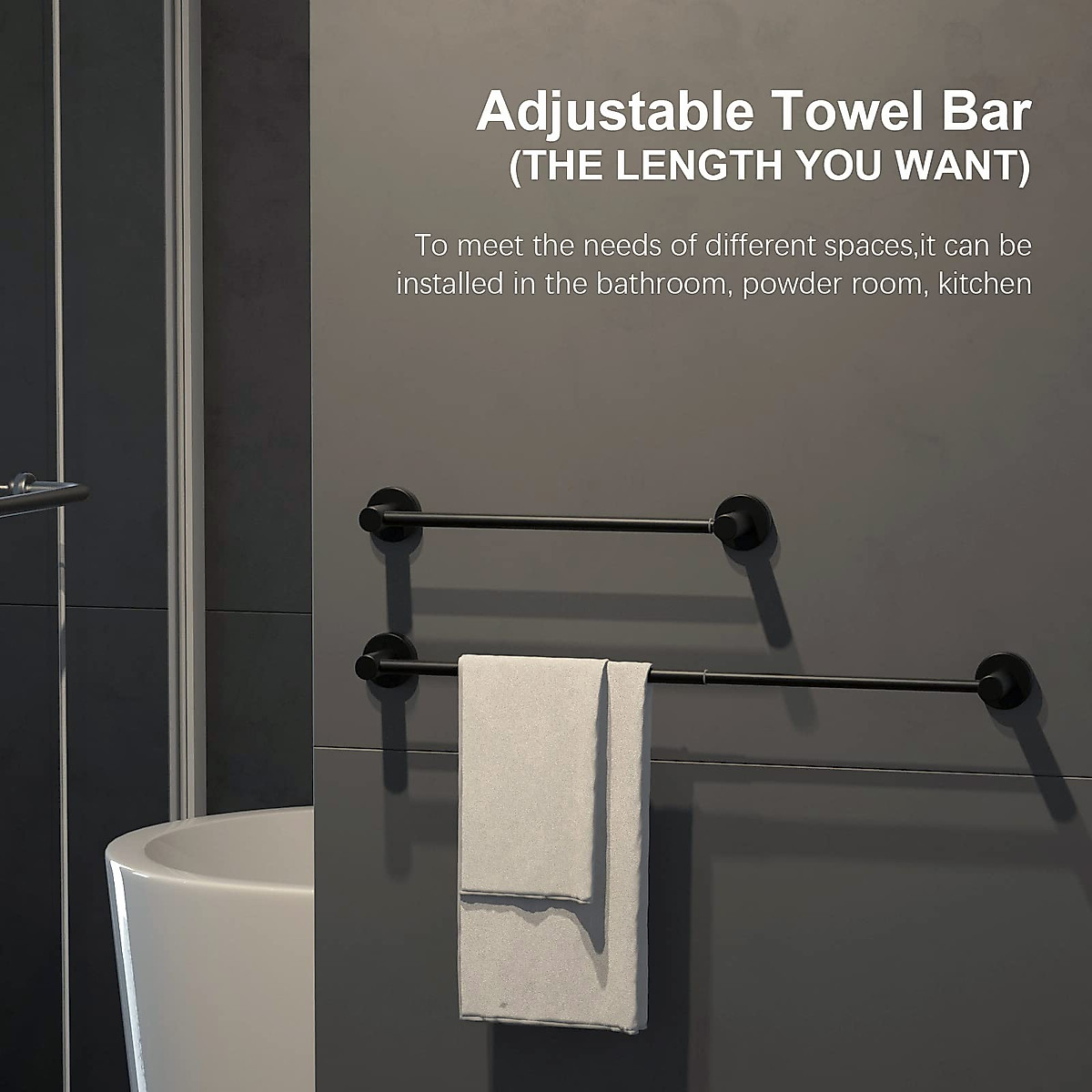 2 Pack Adjustable 16 to 27.6 Inch Single Towel Bar, iMomwee Oil Rubbed Black Finished SUS304 Stainless Steel Bathroom Towel Rod, Wall Mount Towel Rail with S Hooks for Kitchen Washroom (1" Diameter)
