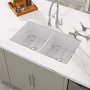 Dcolora 32 Inch White Fireclay Kitchen Sink Porcelain Double Bowl 50/50 Split Undermount Sinks Dual Mount Ceramic Sink Under Counter DC-U7737