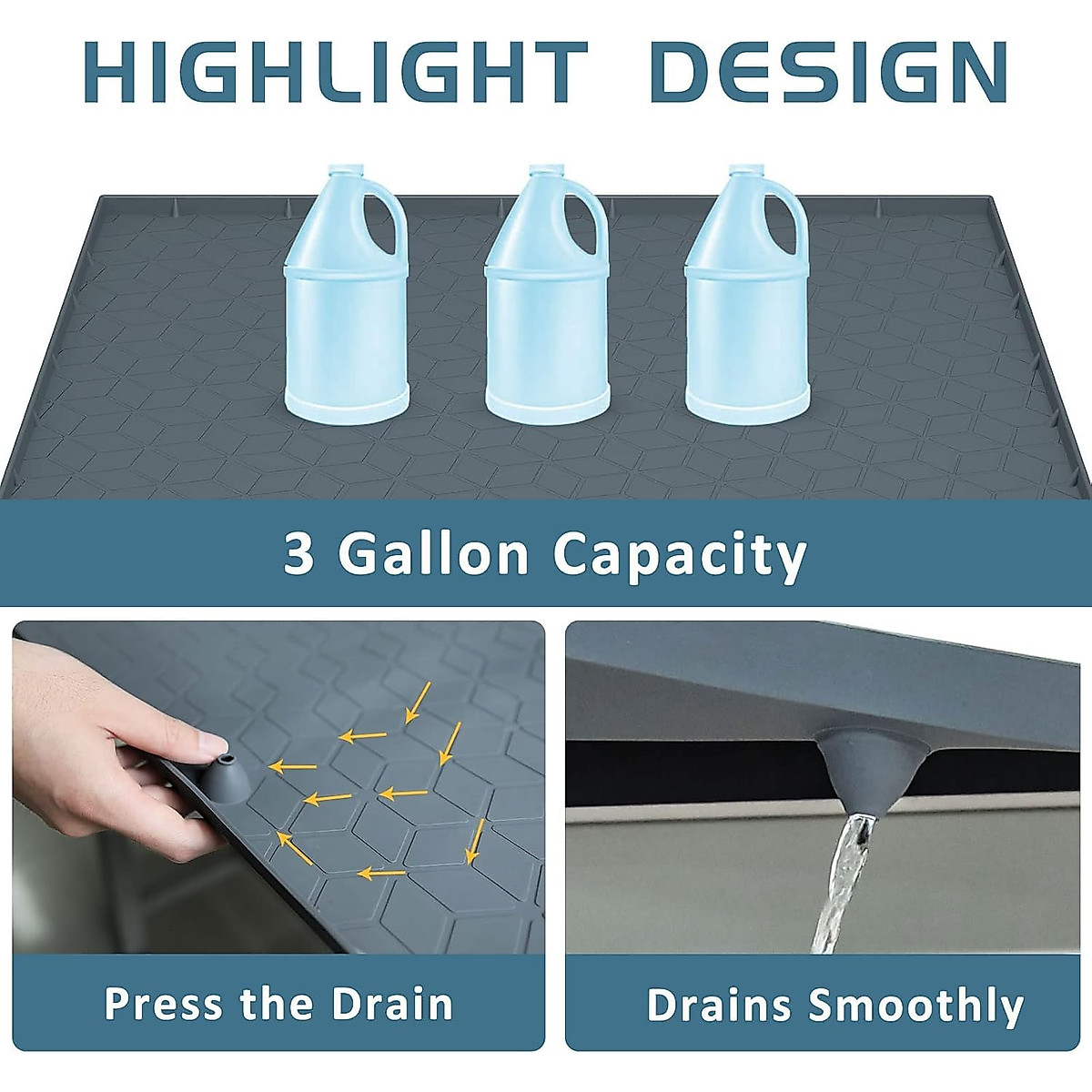 Under Sink Mat for Kitchen Waterproof ，34"x22" Silicone Under Sink Liner Drip Tray with Drain Hole ,Flexible Cabinet Mat and Protector for Kitchen Bathroom，Black