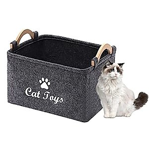 Geyecete CAT Toys Storage Bins - with Wooden Handle,Collapsible Pet Supplies Storage Basket Pet supplies storage Basket/Bin Kids Toy Chest Storage Trunk-CAT (Grey)