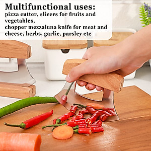 Hanaive 2 Pack 4 x 5 inch Mezzaluna Ulu Knife Salad Veggies Rocker Chopper Slicer Cutter Mezzaluna Knife with Wooden Display Stand for Kitchen Cutting Chopping Knives Chef Cleaver