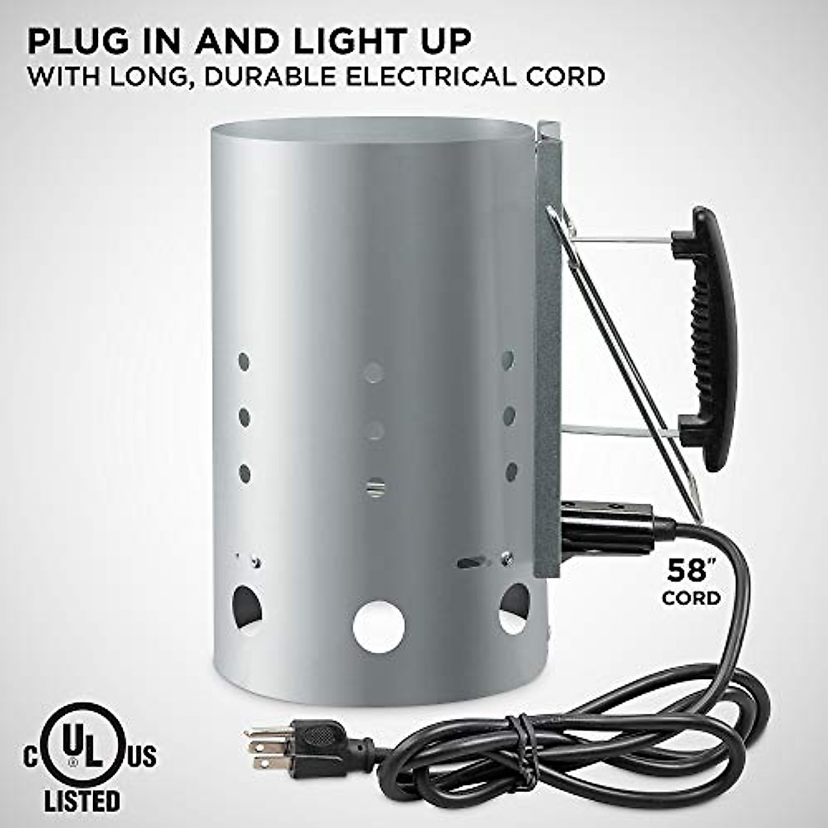 Ivation Electric Chimney Charcoal Starter, Portable Electronic Plug-in Firestarter for BBQ, Coal, Charcoal & Briquettes - No Matches or Lighters | Steel Caddy, Heat Shield & Wooden Stay-Cool