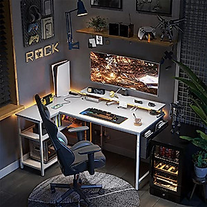 ODK L Shaped 48 Inch Computer Desk with USB Charging Port & Power Outlet, L-Shaped Corner Desk with Storage Shelves & Monitor Shelf for Home Office Workstation, Modern Writing Table, White