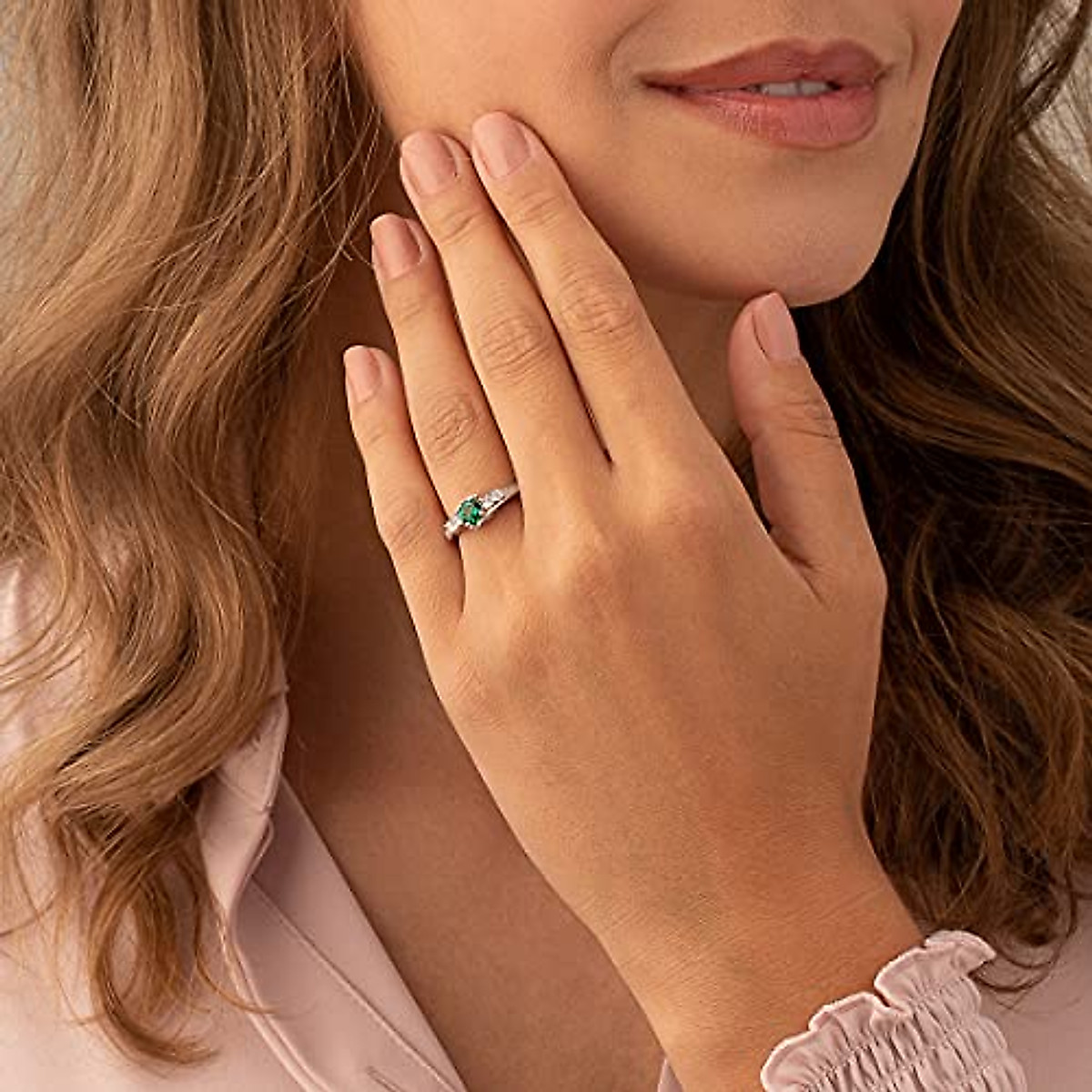 PEORA Simulated Emerald Solstice Ring for Women 925 Sterling Silver, 5mm Round Shape, Comfort Fit, Size 7