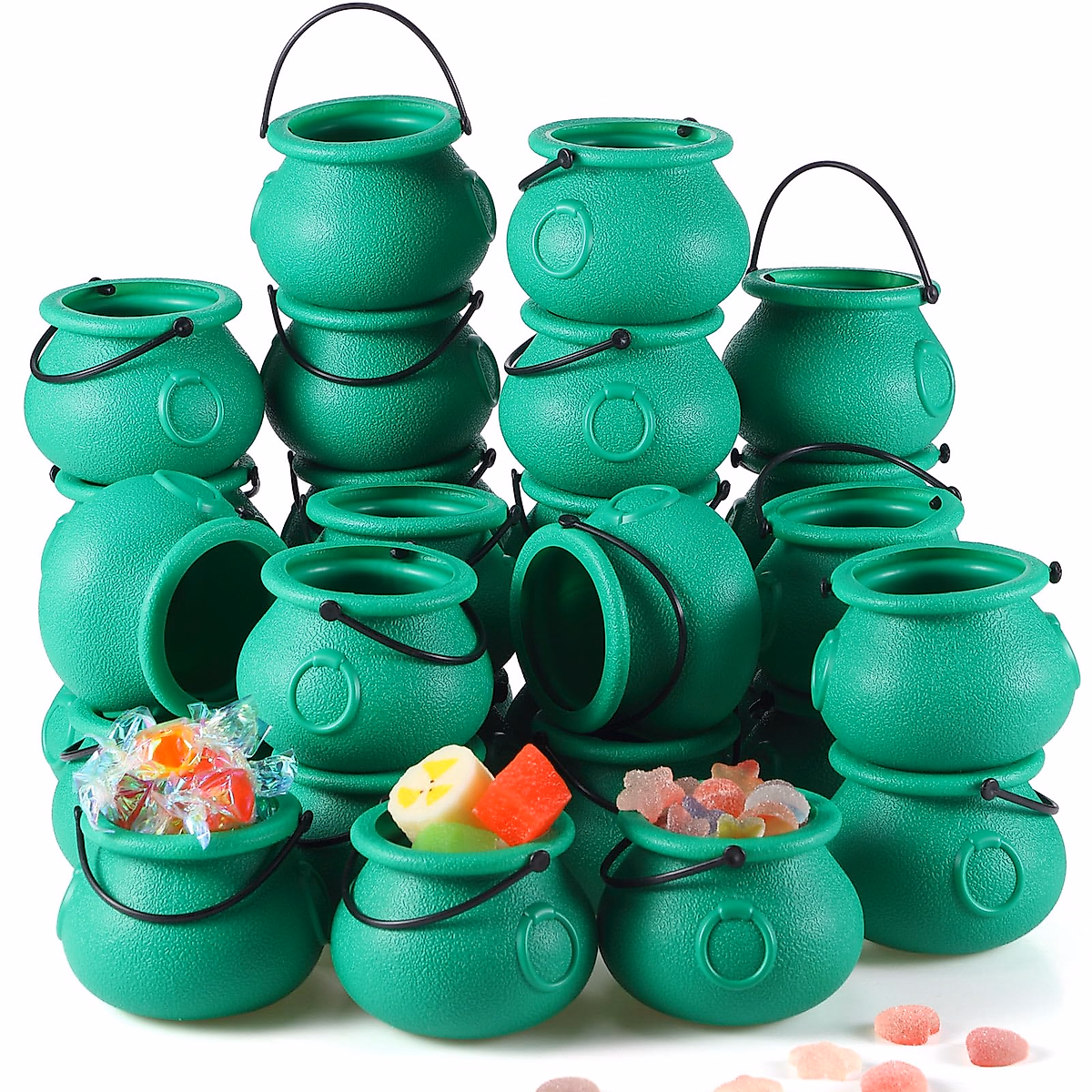 Plastic Cauldron Mini Witches Cauldron with Handle Halloween Candy Bucket Small Pot Decorations Candy Kettles for St patrick Day Halloween Party(Green,40 Pcs)