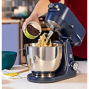 GE Tilt-Head Electric Stand Mixer | 7-Speed, 350-Watt Motor | Includes 5.3-Quart Bowl, Flat Beater, Dough Hook, Wire Whisk & Pouring Shield | Countertop Kitchen Essentials | Sapphire Blue