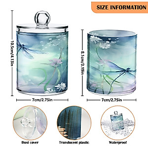SDMKA 2 Pack Apothecary Jars Bathroom Watercolor Dragonflies Qtip Holder Dispenser Clear Plastic Storage Canister Jar with Lid for Cotton Ball, Cotton Swab