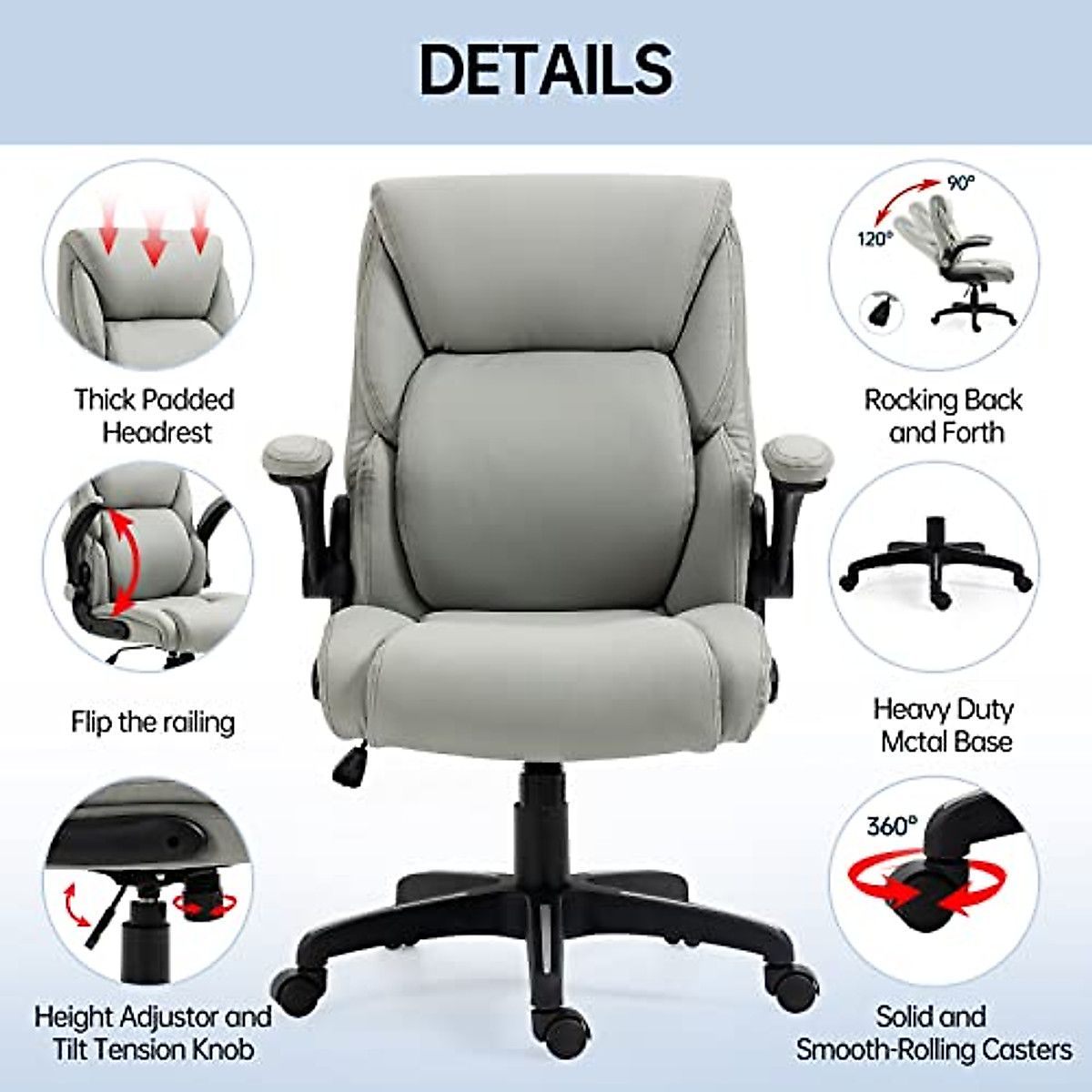 Leather Executive Office Chair- Ergonomic High Back PU Home Computer Desk Chair with Padded Flip-up Arms, Adjustable Height with Thick Seat and Tilt Function for Working Study, Grey
