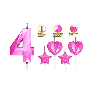 Pink Number 4 Candles and Star Heart Candles 2.76 inch Number Candles for Birthday Cakes 3D Diamond Shaped for Cake Decorations(Pink Candle 4)
