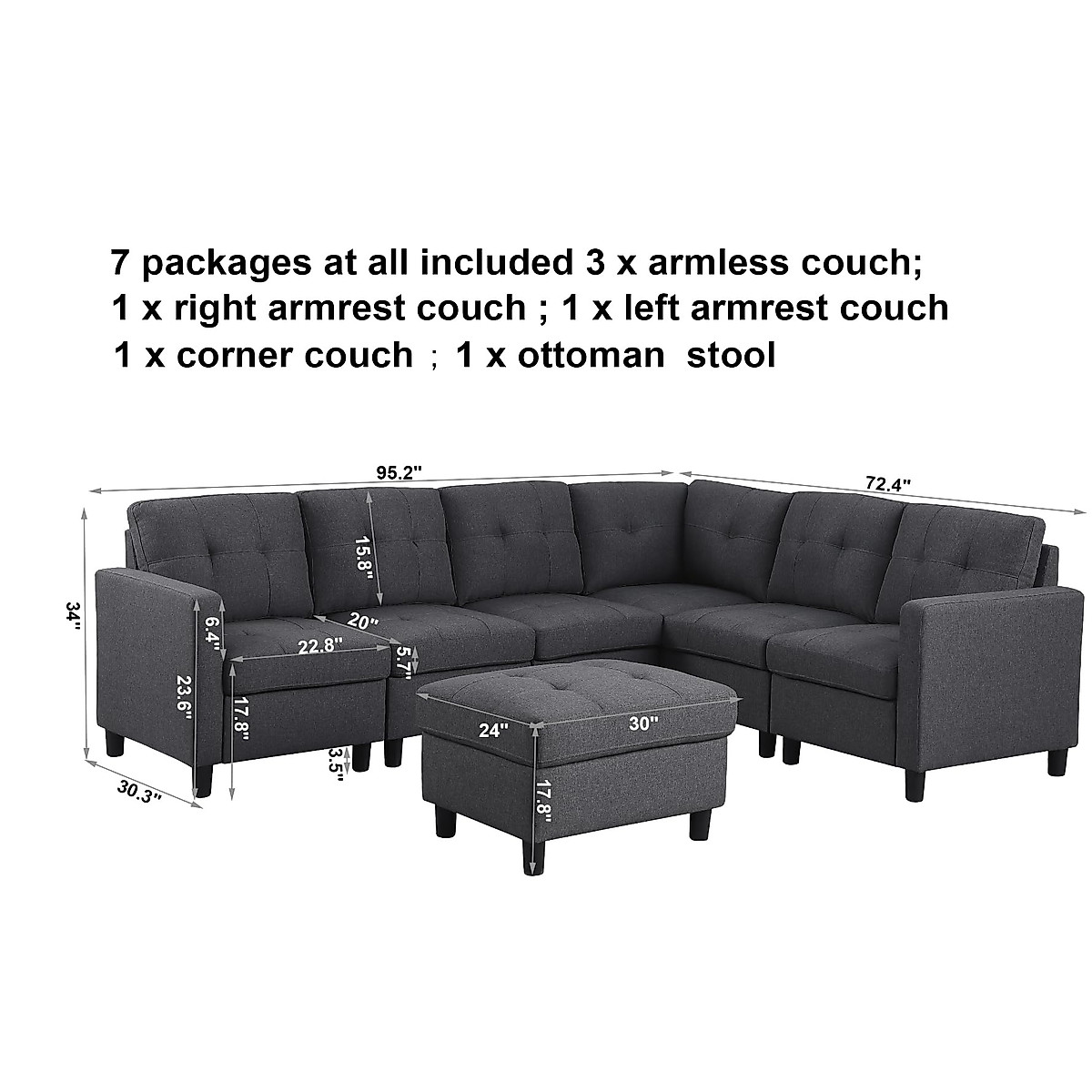 asunflower Sectional Sofa Ottoman Set Modular Couch with Console Cup Holder,6 Seater Modern Sectional Couches for Livning Room Corner L Shape Fabric Sofa Couch with Charge Ports, Dark Grey