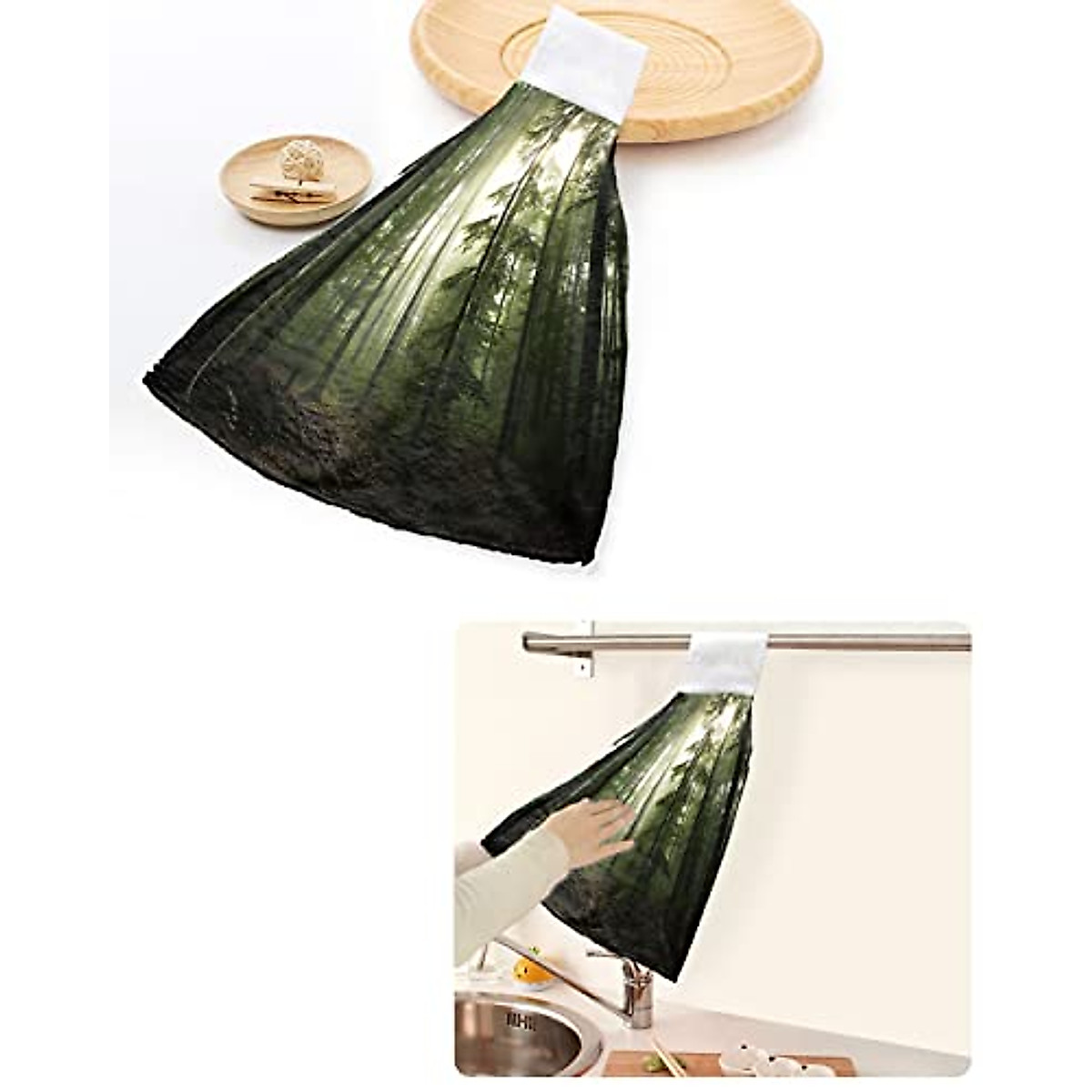 Kitchen Towels with Hanging Loop 2 Pack, Green Forest Sunrise Soft Absorbent Hand Towels for Bathroom Bar Home Decor Nature Tree Dish Towels Reusable Washable Cleaning Cloth