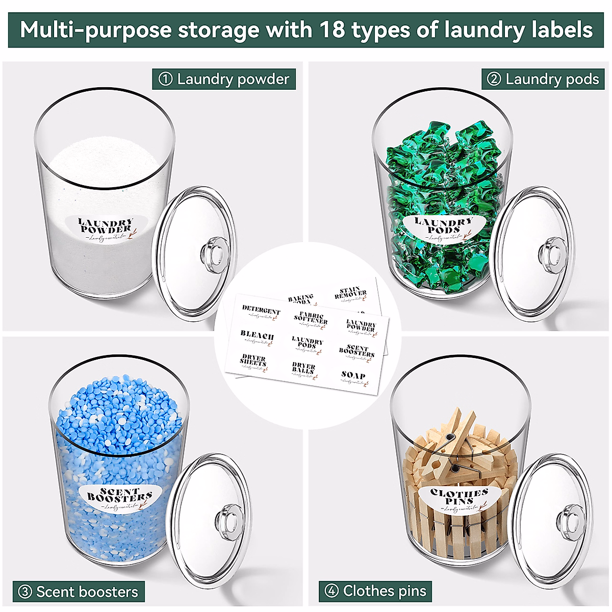 TIDIdea 4 Pack Laundry Container Jars - Premium Acrylic Jars for Laundry Room Organization and Storage Organizing Laundry Pods, Powder, Detergent, Soap,Beads, Laundry Accessories - with Labels&Scoops