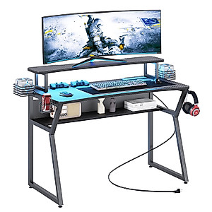 TREETALK Gaming Desk with Power Outlet&Led Lights, Computer Desk with Monitor Stand and Open Shelf,Gamer Table Workstation with Cup Holder, Headphone Hook, 2 Speaker Stand for Home Office