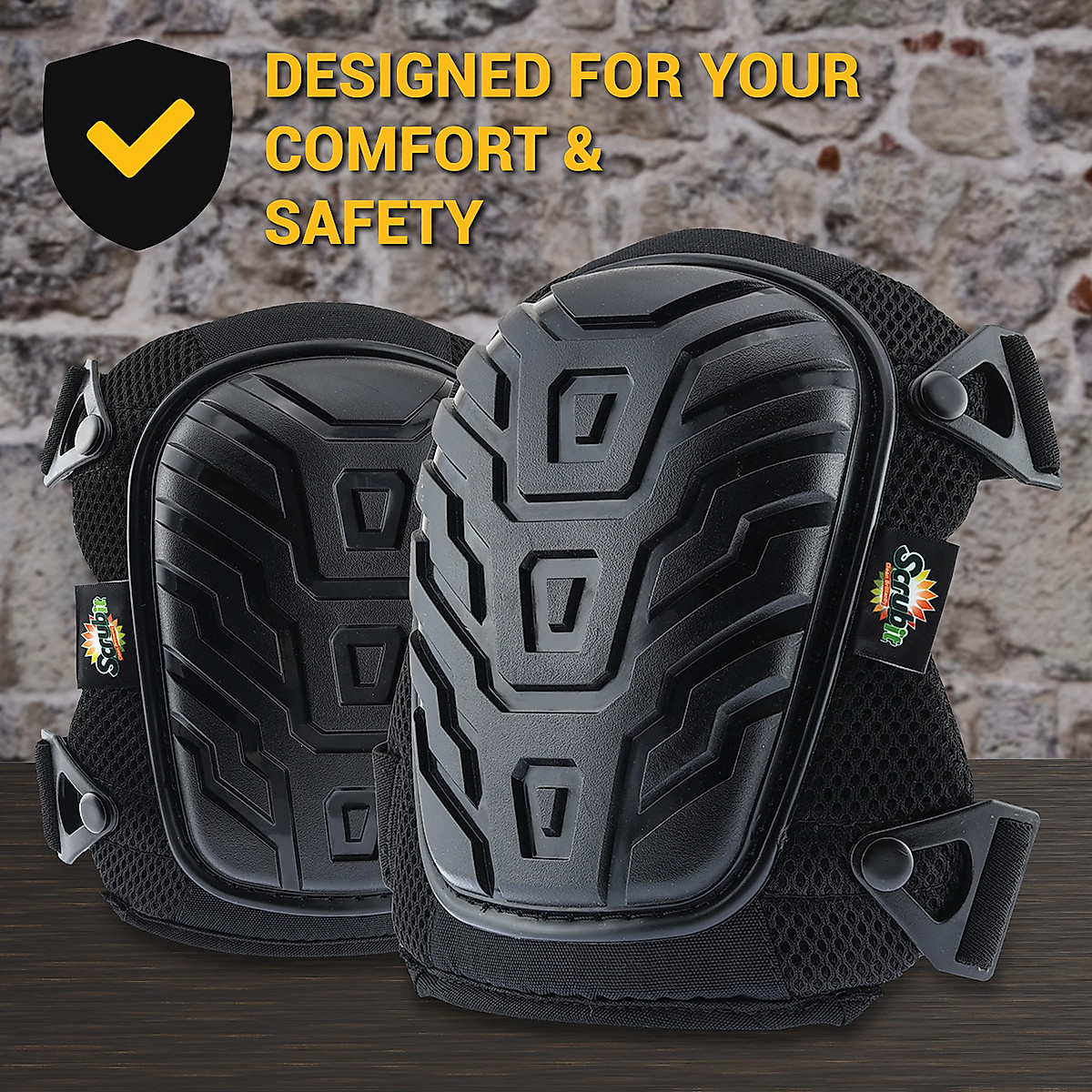 Knee Pads for Work - Universal Fit for Men and Women - Professional Poly-Shield Knee Pads With Gel-Padded Cushion - Construction Knee Protector With Adjustable Buckle Closure & Non-Slip Straps