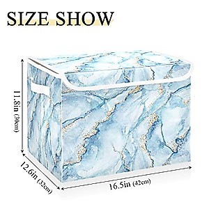 xigua White Blue Marble Storage Bins with Lids Foldable Large Cube Storage Boxes with Handles for Home Bedroom Closet Office (16.5x12.6x11.8 in)#80