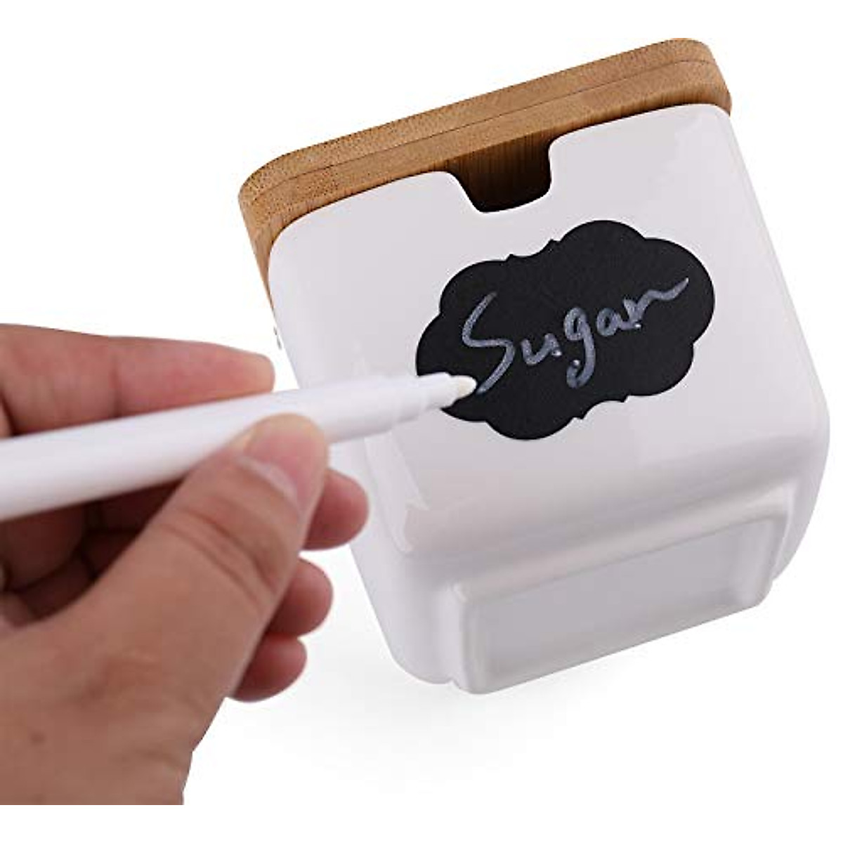 Lawei 3 Pack Ceramic Spice Jar with Lid and Spoon, Square Porcelain Condiment Jar Salt and Pepper Containers with Wooden Tray, White Pottery Cruet Pot for Sugar Bowls, Serving Tea, Coffee, Spice, Home