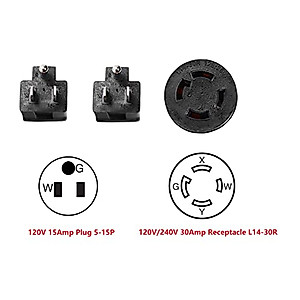 ONETAK NEMA 2 Port 5-15P 3 Prong Plug Male Household to L14-30R 4 Prong Female Receptacle Twist Lock Y Combiner STW 3 Feet 120V/240V 30 Amp Generator Welder Dryer Power Cord Adapter