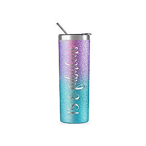 Quinceanera Gifts, 15 Year Old Girl Gifts for Birthday, 15th Birthday Gifts for Girls, Female, Her - 20oz/590ml Stainless Steel Insulated Tumbler with Straw, Lid - 15 & Fabulous Glitter Purple Blue