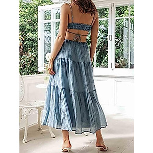 Women Y2k Bodycon Long Dress Spaghetti Strap Low Cut Dress Sexy Backless High Split Maxi Dress Clubwear Z-Blue