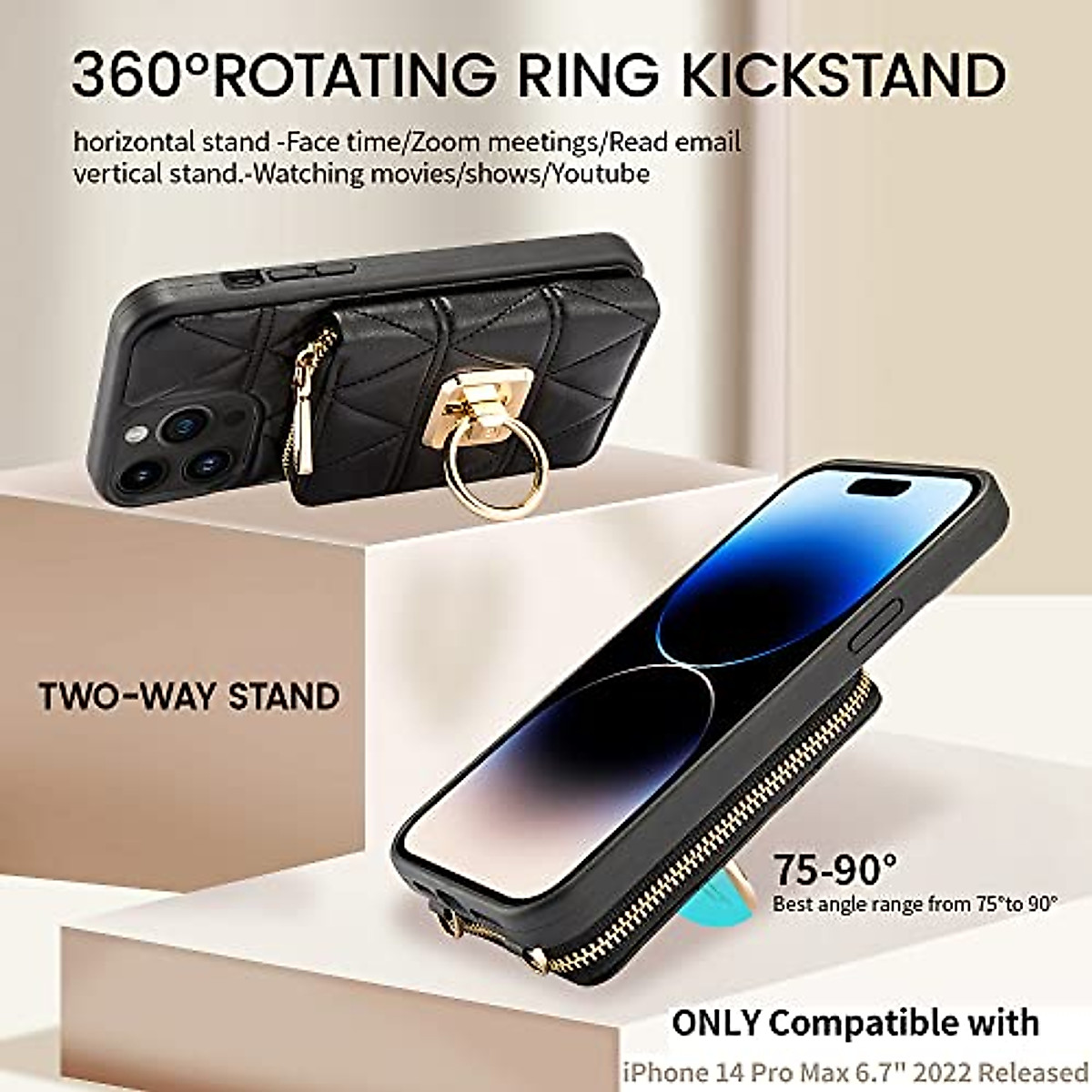 CUSTYPE Compatible with iPhone 14 Pro Max Case Wallet with Card Holder,360 Rotation Ring [Two-Way Stand],Leather Zipper Wallet Case with Crossbody Strap for iPhone 14 Pro Max,6.7 Inch,Black