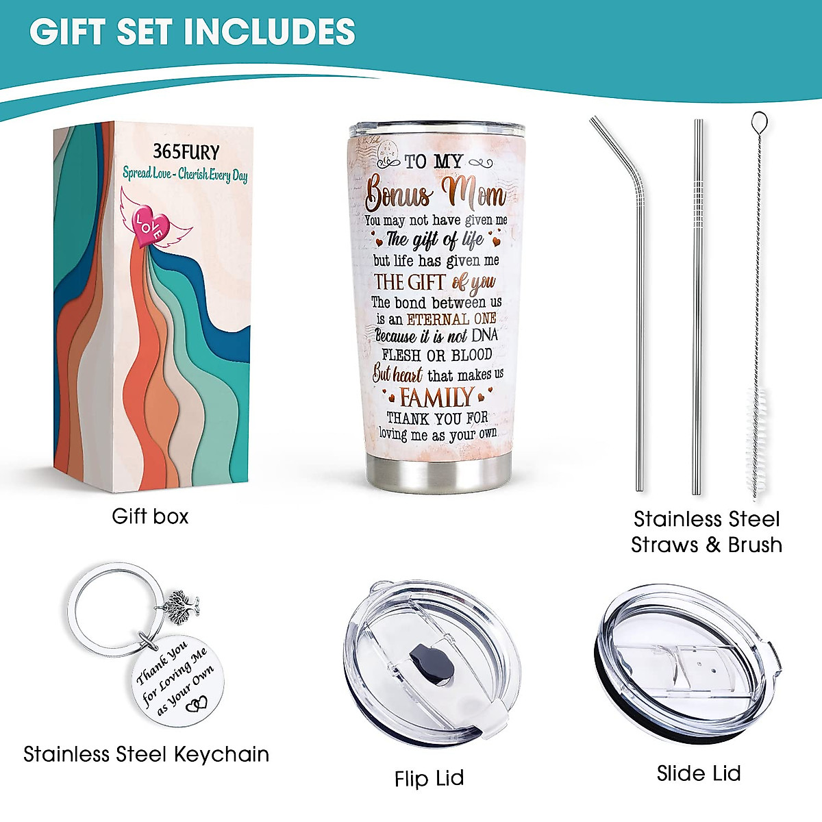 365FURY Gifts For Bonus Mom From Son, Daughter - Best Bonus, Step Ever 20oz Tumbler w/Straw & Keychain Christmas, Birthday, Mothers Day Stepmom, Mother in law, Boyfriend