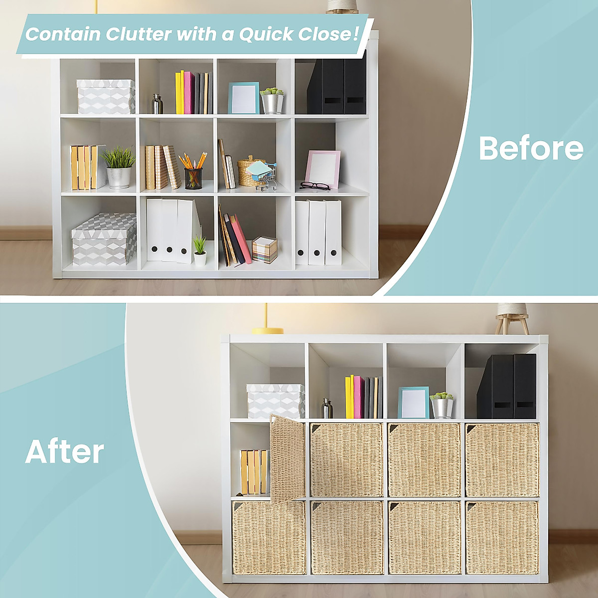 AELS 13" Handwoven Natural Fibre Doors for Cube Storage Shelf, Set of 4, Boho Straw Shelf Cover for Bookcase & Open Bookshelf, Rustic Farmhouse Home Decor, fit IKEA Kallax Shelf, Beige (Door ONLY)