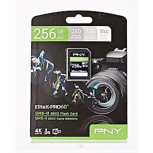 PNY 256GB EliteX-PRO60 UHS-II SDXC Memory Card - R280MB/s W180MB/s, U3, V60, 4K UHD, Full HD, UHS-II for Professional Photographers & Content Creators, DSLR Mirrorless Cameras, Advanced Video Cameras