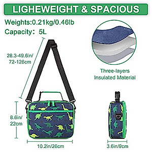 VASCHY Lunch Box Bag for Kids, Reusable Insulated Lunch Box Containers Coolers for Toddler Boys and Girls with Detachable Shoulder Strap for Daycare School Dinosaurs