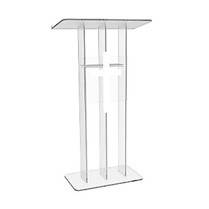 FixtureDisplays® Clear Podium Plexiglass Lecturn Transparent Church Pulpit with Christian Church White Cross Trinity Style Easy Assebmly Required 15411+1803CROSS-NF