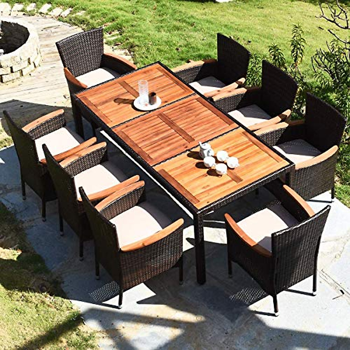 HAPPYGRILL 9 Pieces Patio Dining Set Outdoor Rattan Wicker Dining Set with Cushions, Garden Dining Table Chairs Set with Acacia Wood Table Top & Armrest