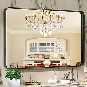 PioneerWorks Black Mirror Wall Mirror for Bathroom 40x32 Inch Black Metal Frame Decorative Rectangular Wall Mounted Home Decor Corner Hangs (Horizontal/Vertical) Living Room