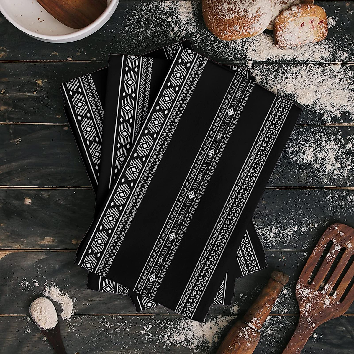 Edwiinsa Black Boho Kitchen Dish Towels and Dishcloths Sets, Native American Tribal Geometric Stripes 18 X 28 Inches Absorbent Hand Towels Dish Rags with Hanging Loop for Home Cleaning (4 Pack)