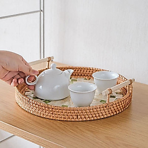 BAUHUS Set 3 Pack Round Rattan Wicker Tray with Mother of Pearl Inlay Wooden Handle for Fruit Serving, Coffee Table Tray, Vanity Tray Organizer for Kitchen, Storage and Display White Set 3