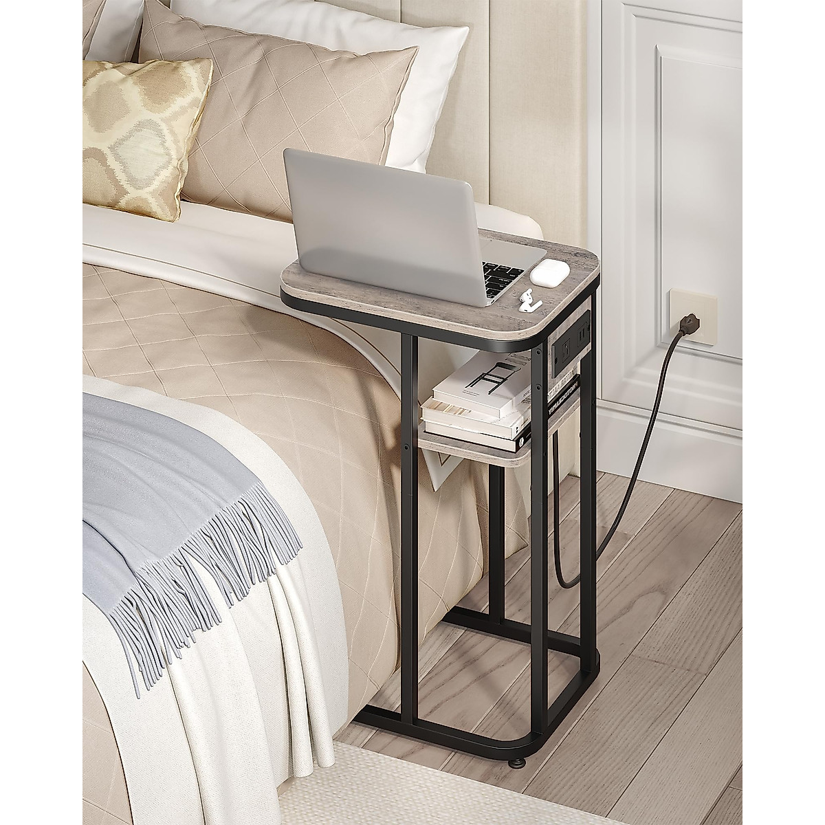 CHOEZON C-Shaped Side Table, Small End Table with Charging Station, Sofa Side Table for Couch with Outlet and USB Ports, for Small Spaces, for Bedroom, Living Room, Greige and Black TSF02UBH