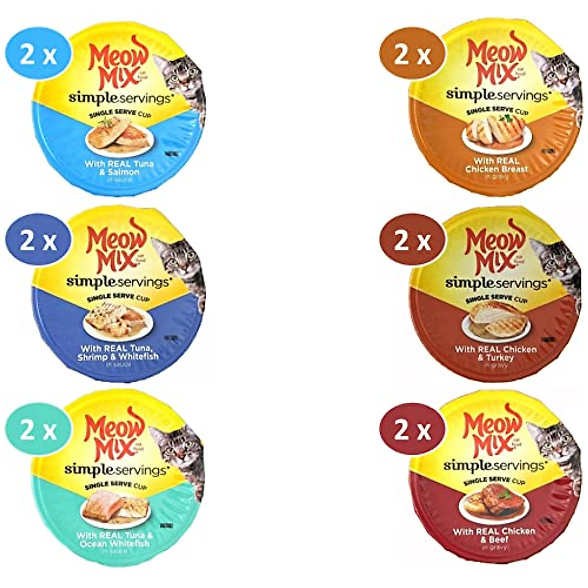 ILC Buy Meow Mix Simple Servings Variety Bundle| 6 Flavors,(2) Each: Chicken Turkey, Tuna Whitefish, Chicken Beef, Tuna Salmon, Chicken Breast, Tuna Shrimp (1.3 OZ) Plus Foam cat Toy Ball Magnet.