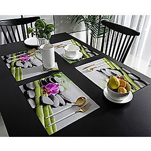 Placemats for Dining Table Set of 6, Zen Basalt Stone Orchid Flower and Cotton Linen Cloth for Square/Rectangle/Round Table Mat Placemat Kitchen Dinner Holiday Dﾃｩcor