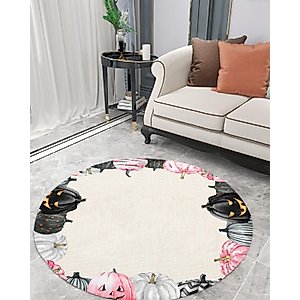 Halloween Fluffy Round Area Rug Carpets 3ft, Plush Shaggy Carpet Soft Circular Rugs, Non-Slip Fuzzy Accent Floor Mat for Living Room Bedroom Nursery Home Decor Pink Black Horror Pumpkin Plaid Dot