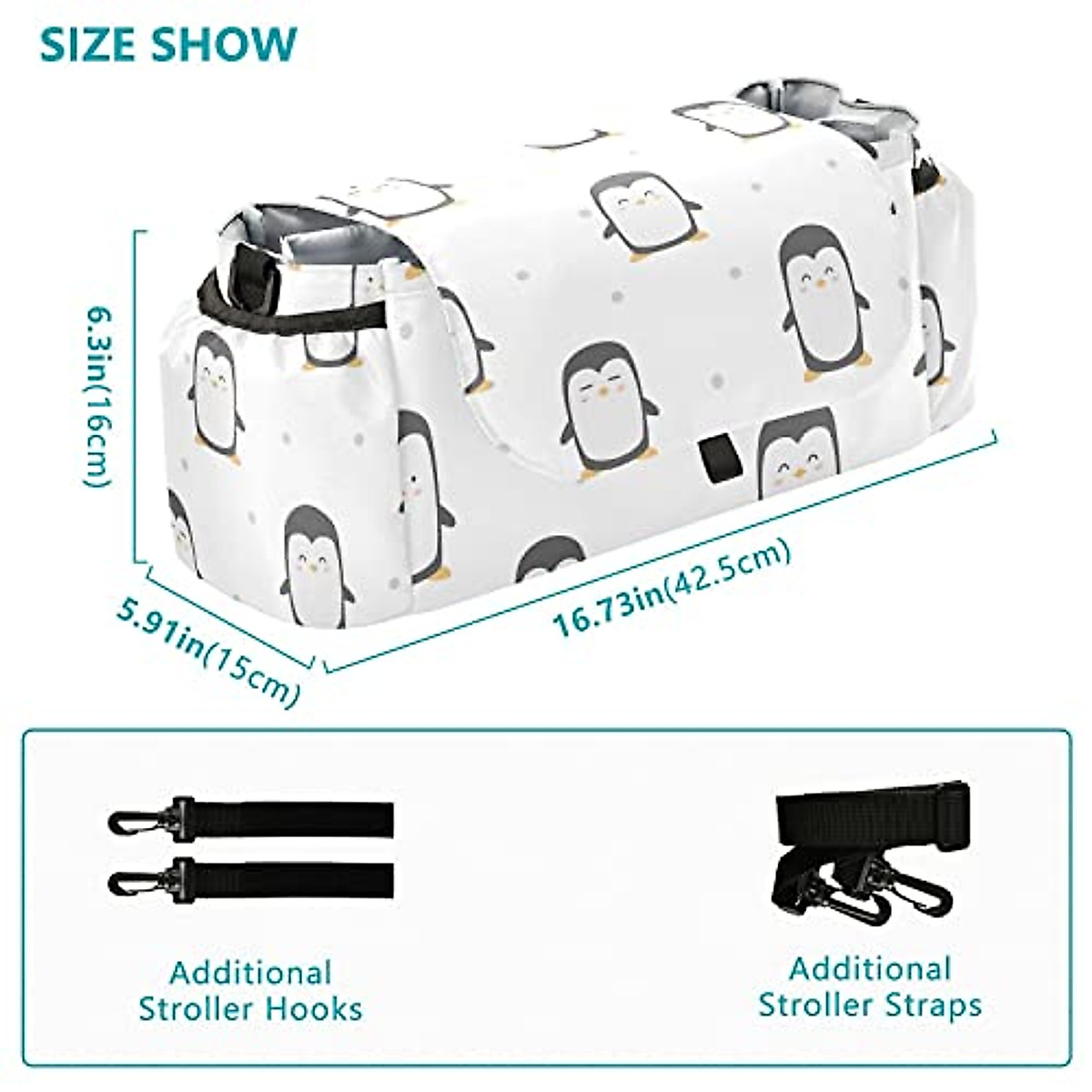 Sinestour Cute Penguin Animals Stroller Organizer with Cup Holder Universal Stroller Organizer Bag Detachable Shoulder Strap Stroller Accessories for Diaper Phone Keys Toys Fit All Baby Stroller