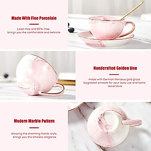 DUJUST 21 pcs Small Tea pot Set of 6, Fine Porcelain, Pink Marble Texture with Handcraft Golden Trim for Girls&Women, 1 Glass Teapot(22oz), 6 Cups(4oz), 6 Saucers, 6 Spoons, 1 Shelf&1 Warmer…