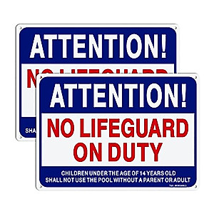 T&R No Lifeguard On Duty Sign, Pool Sign - 2 Pack - 14"x10" .040 Rust Free Heavy Aluminum, Reflective, Waterproof, Weatherproof and Fade Resistant, 4 pre-drilled holes, Easy to Mount