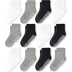 CozyWay Toddler Socks With Grippers Non Slip Crew Grip Socks for Girls and Boys Soft Comfy Cotton - 1T-3T Unisex Black, White, Gray - 12 Pack