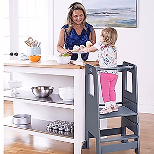 Kid's Wooden Kitchen Step Stool, Adjustable Platform Standing Tower, with Safety Guardrail Child Studying Tower, Toddler Stool for Bathroom, Cooking Helper（Grey）