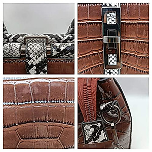 WIGUYUN Women Patent Faux Leather Satchel Handbag Crocodile Tote Purse Snakeskin Handle Shoulder Bag,Gift for Wife/Mom,Brown